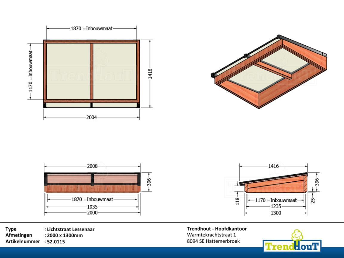 Lichtstraat lessenaar 2000mm, 1300mm diep incl. gelaagd isolatieglas en ...